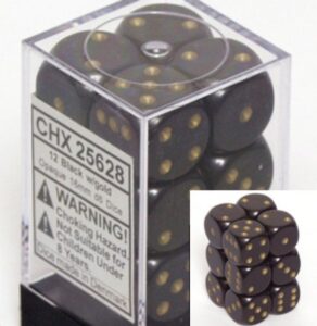 black with gold pips opaque dice 16mm d6 set of 12