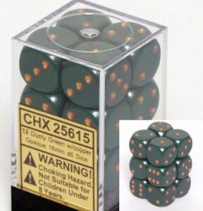 chessex dice d6 sets: opaque dusty green with copper - 16mm six sided die (12) block of dice