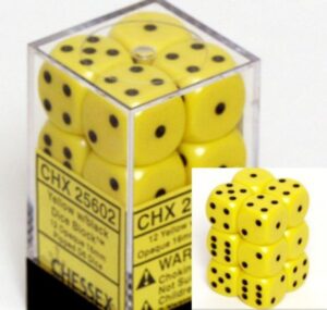 chessex - d6 opaque 6 sided dice (set of 12) 16 mm yellow with black