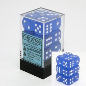 chessex dice d6 sets: frosted blue with white - 16mm six sided die (12) block of dice