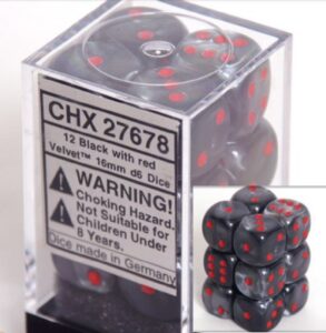 chessex dice d6 sets: velvet black with red - 16mm six sided die (12) block of dice