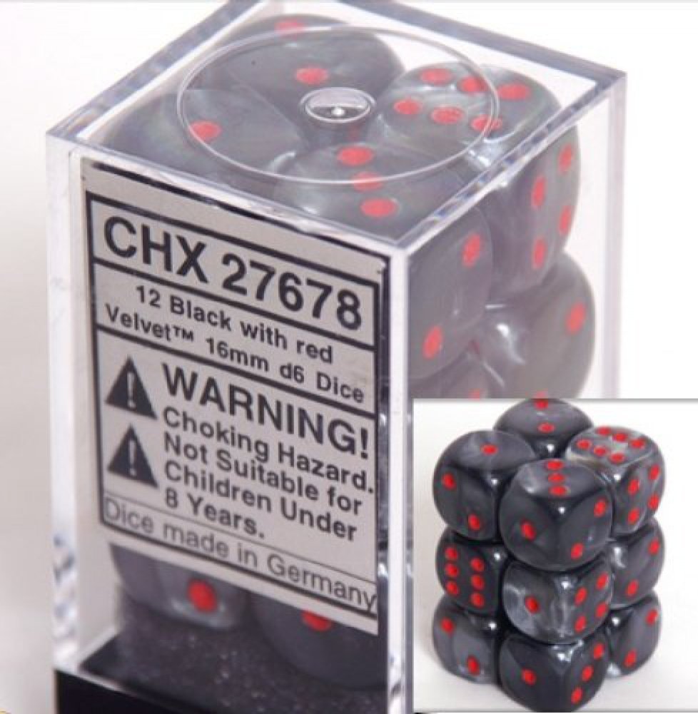 Chessex Dice d6 Sets: Velvet Black with Red - 16mm Six Sided Die (12) Block of Dice