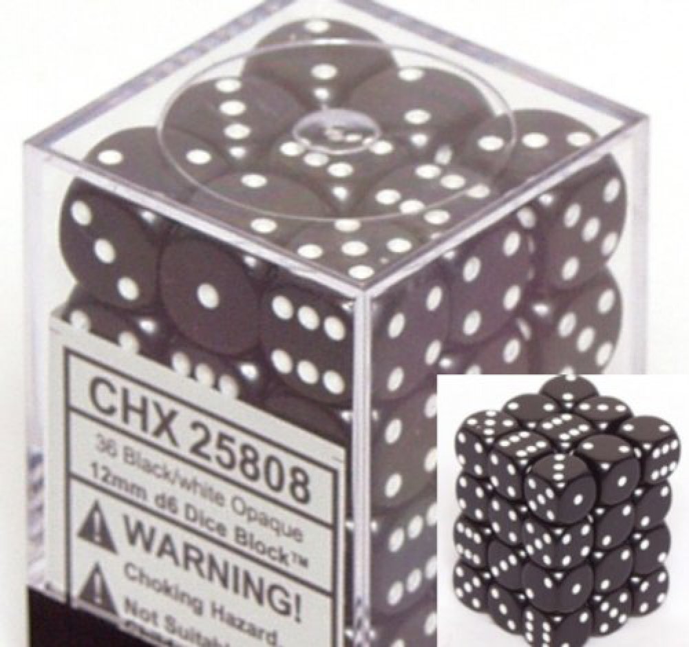 Chessex Black Opaque Dice 12mm D6 Set of 36 CHX25808