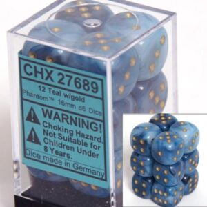 chessex dice d6 sets: phantom teal with gold - 16mm six sided die (12) block of dice