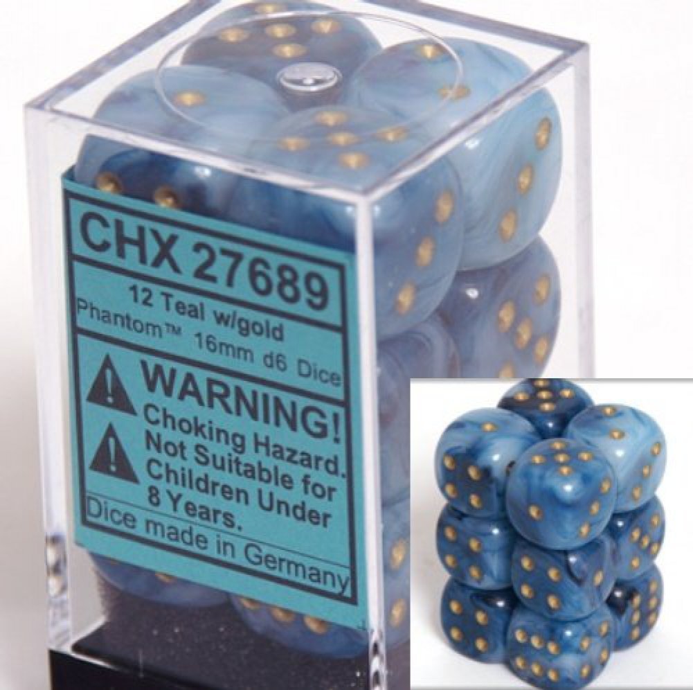 Chessex Dice d6 Sets: Phantom Teal with Gold - 16mm Six Sided Die (12) Block of Dice