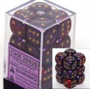 chessex dice d6 sets: gemini purple & red with gold - 16mm six sided die (12) block of dice