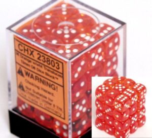 chessex dice d6 sets: orange with white translucent - 12mm six sided die (36) block of dice