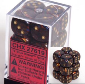 chessex scarab 16mm d6 blue blood w/gold dice block (12) dice - 27619