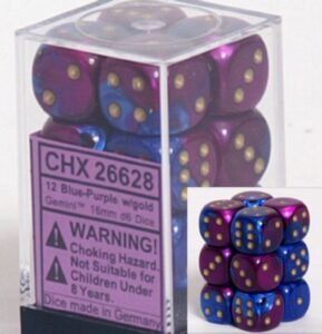 chessex dice d6 sets: gemini blue & purple with gold - 16mm six sided die (12) block of dice