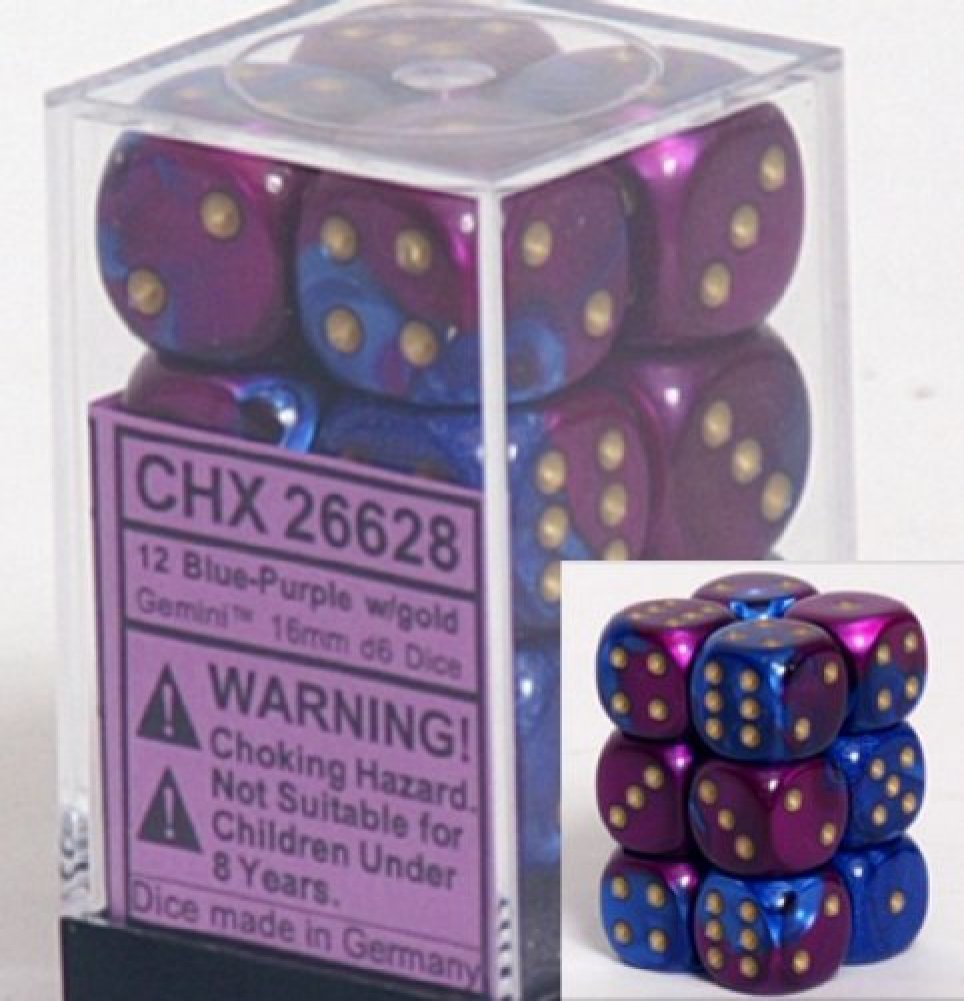 Chessex Dice d6 Sets: Gemini Blue & Purple with Gold - 16mm Six Sided Die (12) Block of Dice