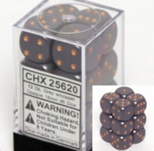 chessex dice d6 sets: opaque dark grey with copper - 16mm six sided die (12) block of dice