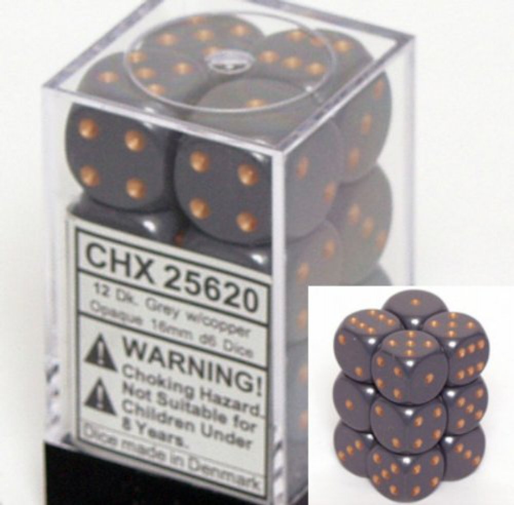 Chessex Dice d6 Sets: Opaque Dark Grey with Copper - 16mm Six Sided Die (12) Block of Dice