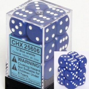 Chessex Dice d6 Sets: Opaque Blue with White - 16mm Six Sided Die (12) Block of Dice