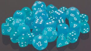 chessex dice d6 sets: frosted caribbean blue with white - 12mm six sided die (36) block of dice