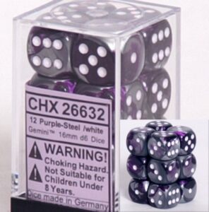 chessex dice d6 sets: gemini purple & steel with white - 16mm six sided die (12) block of dice