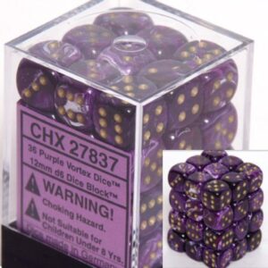 Chessex Dice D6 Sets: Vortex Purple with Gold - 12Mm Six Sided Die (36) Block of Dice