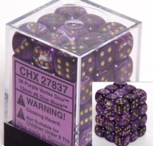 chessex dice d6 sets: vortex purple with gold - 12mm six sided die (36) block of dice