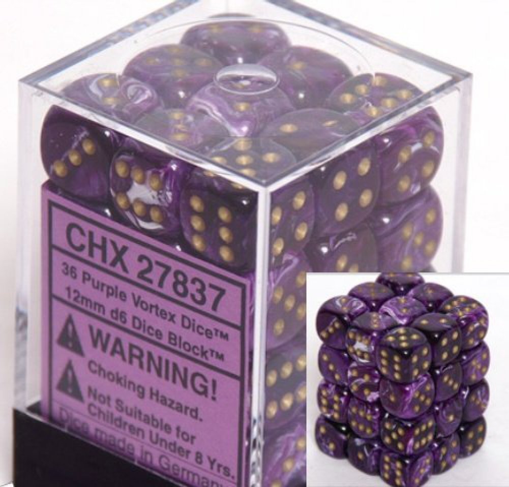 Chessex Dice D6 Sets: Vortex Purple with Gold - 12Mm Six Sided Die (36) Block of Dice