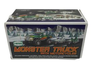 hess c-46 2007 monster truck with 2 motorcycles, green and white