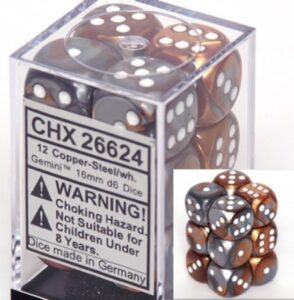 gemini 16mm d6 copper-steel w/white dice block 12 pipped dice