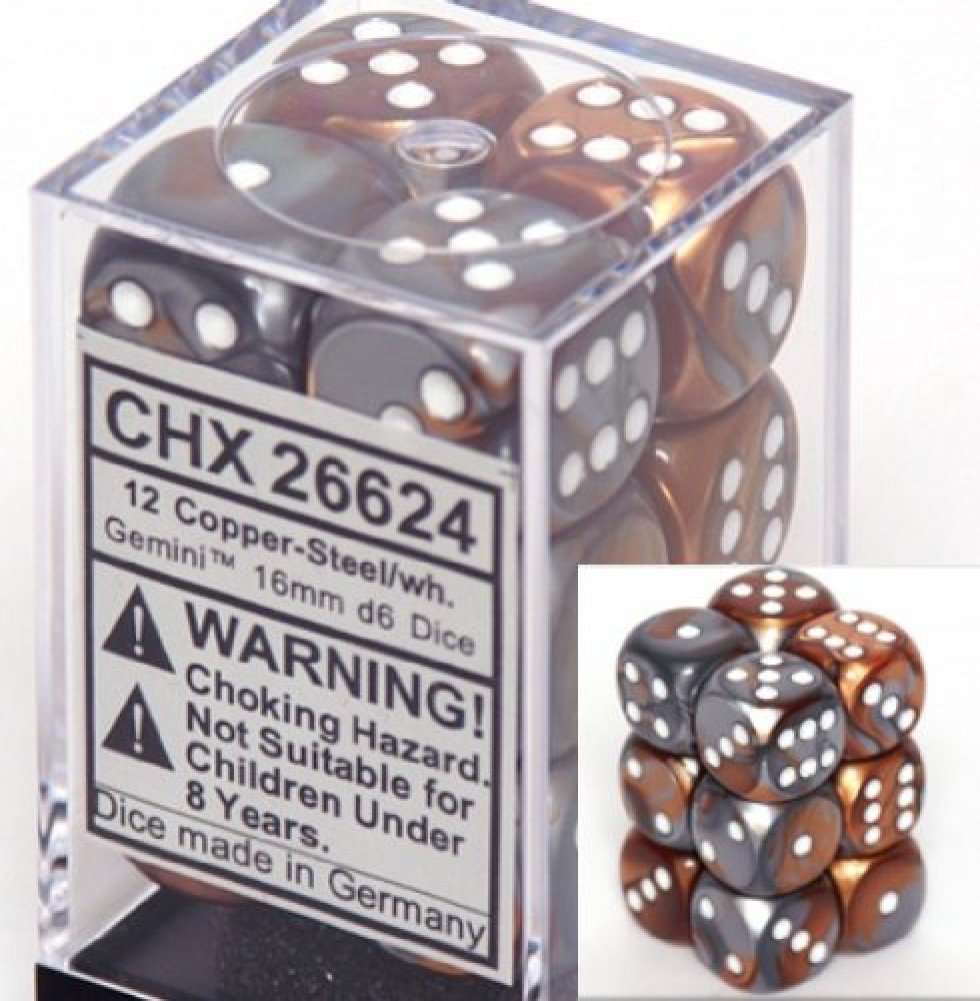 Gemini 16mm d6 Copper-Steel w/white Dice Block 12 pipped dice