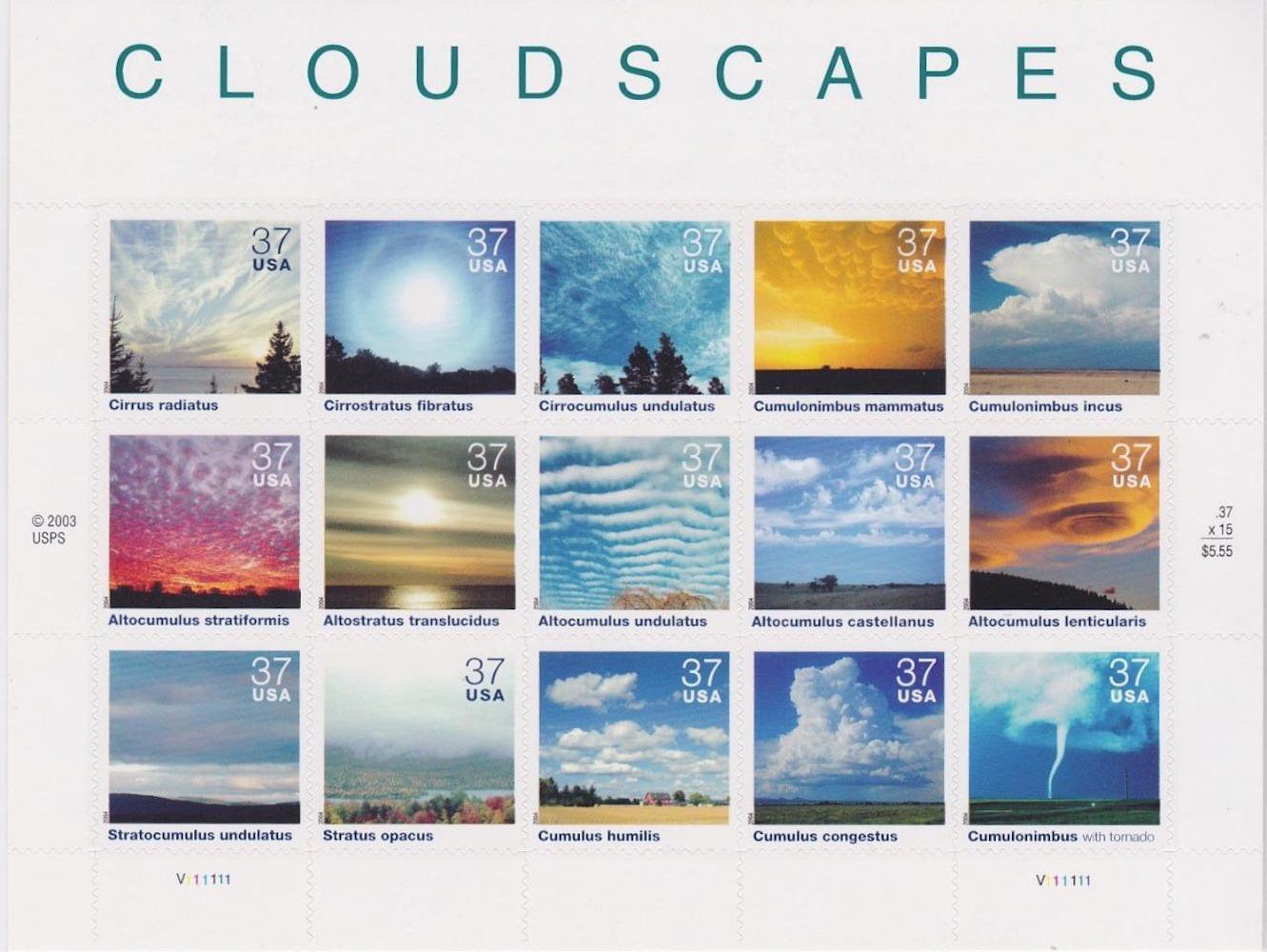 Cloudscapes, Full Pane of 15 x 37-Cent Postage Stamps, USA 2004, Scott 3878