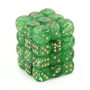 chessex dice d6 sets: vortex green with gold - 12mm six sided die (36) block of dice