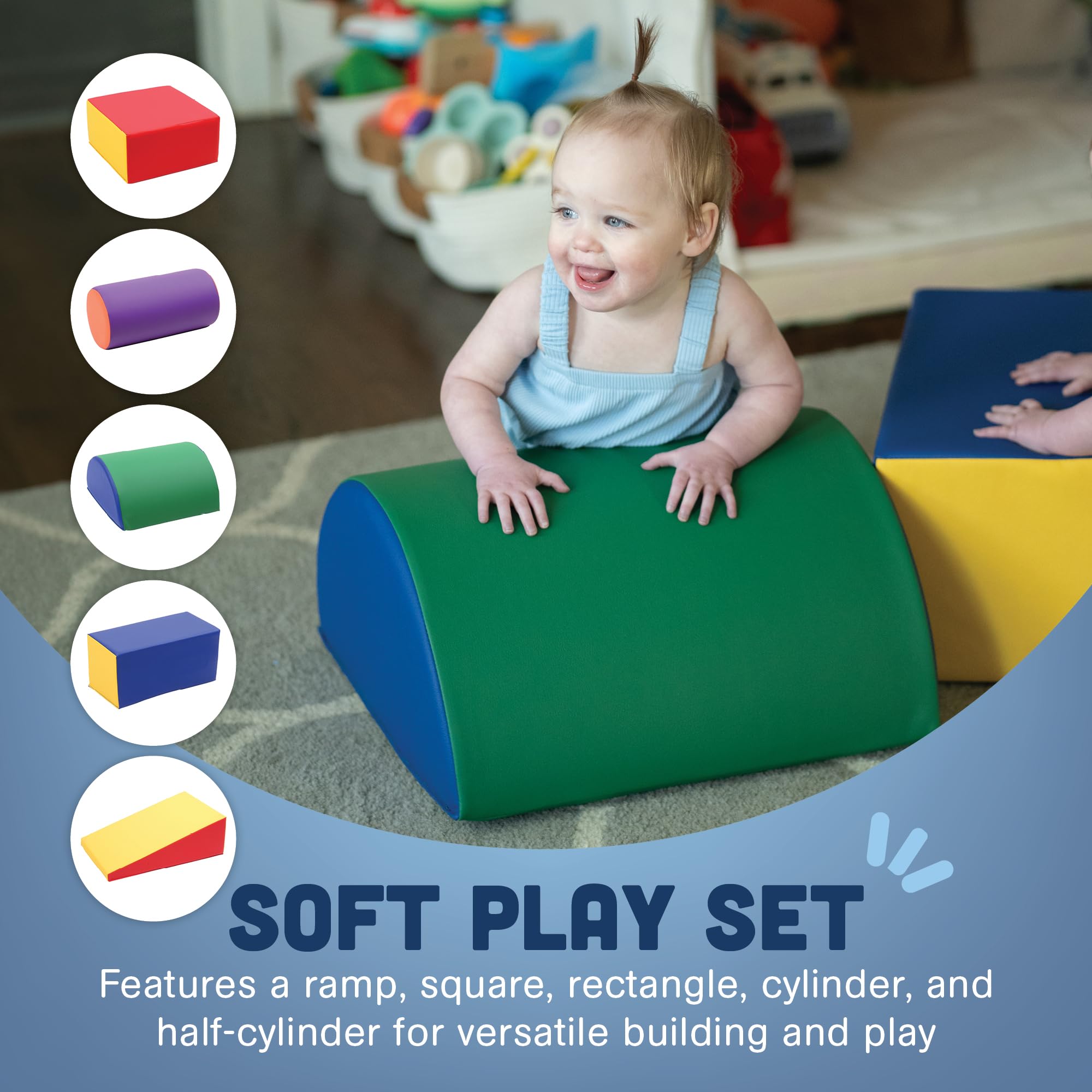 Constructive Playthings Kids Climbing Toys for Toddlers, Soft Play Equipment, Daycare Essentials, Padded Shapes, Sturdy Vinyl Exterior, Easy to Clean, Multicolor, 5 Foam Shapes, All Ages