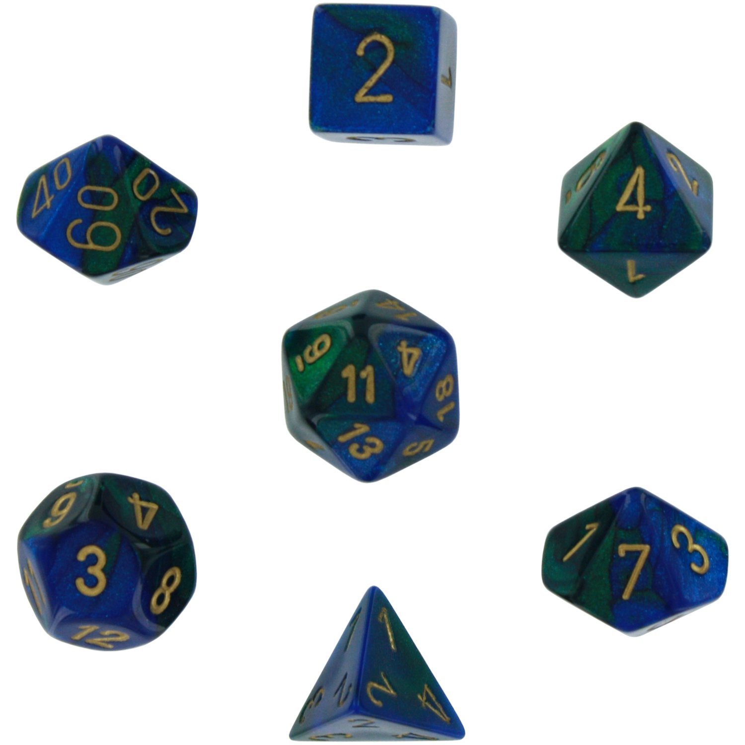 Chessex Polyhedral 7-Die Gemini Dice Set: Blue & Green with Gold CHX26436