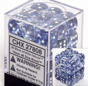 chessex dice d6 sets: nebula black with white - 12mm six sided die (36) block of dice