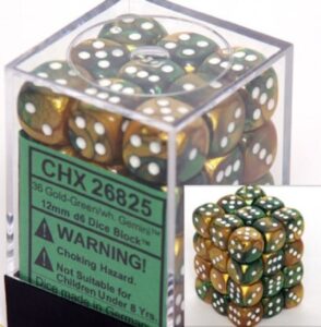 chessex dice d6 sets: gemini gold & green with white - 12mm six sided die (36) block of dice