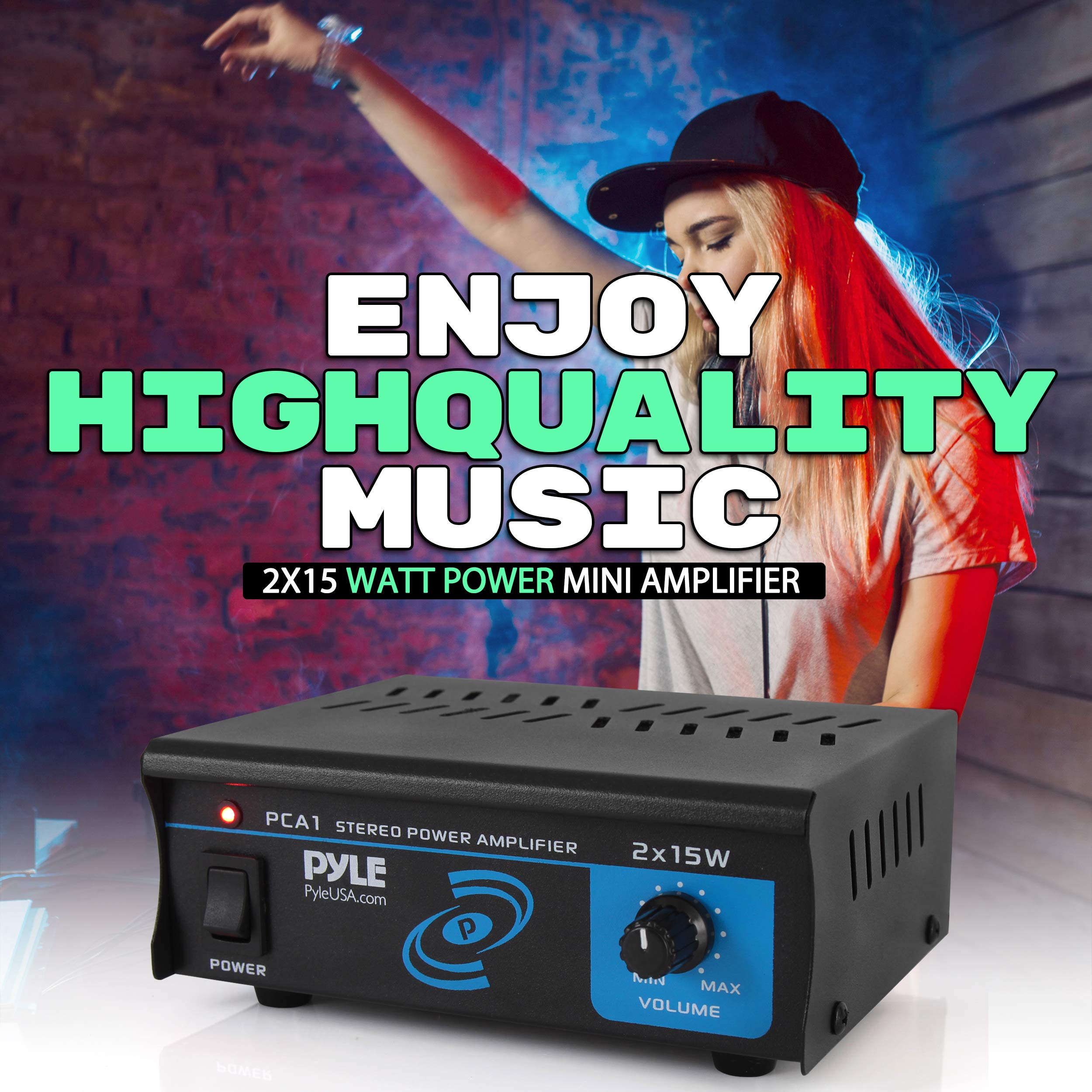 Pyle Home Compact Mini Stereo Power Amplifier-2x15 Watt Portable Dual Channel Home Audio Speaker Receiver Box w/ RCA Cable L/R Input For CD Player, Tuner, MP3, For Amplified Speakers Sound System PCA1