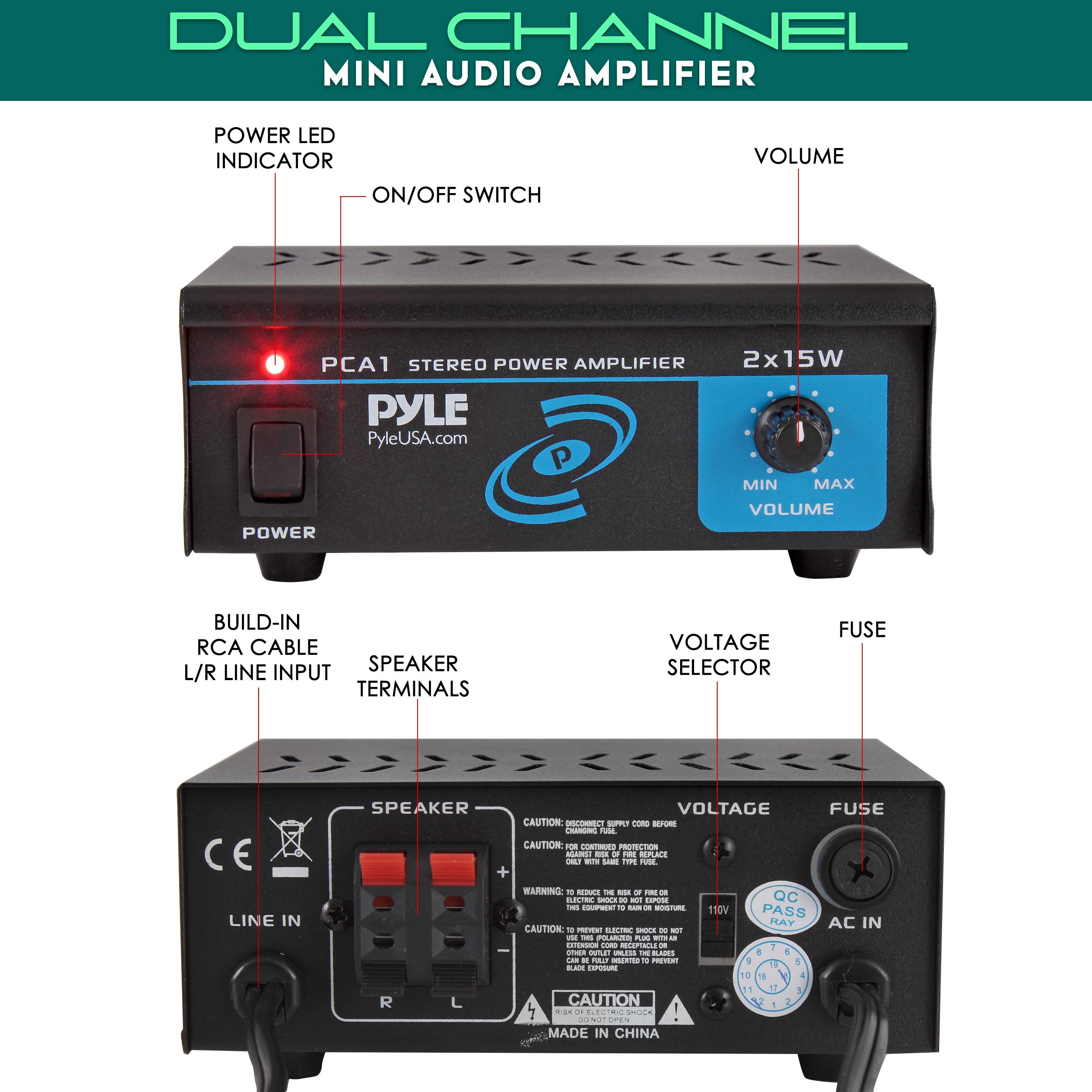 Pyle Home Compact Mini Stereo Power Amplifier-2x15 Watt Portable Dual Channel Home Audio Speaker Receiver Box w/ RCA Cable L/R Input For CD Player, Tuner, MP3, For Amplified Speakers Sound System PCA1