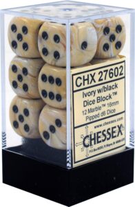 chessex dice d6 sets: marble ivory with black - 16mm six sided die (12) block of dice