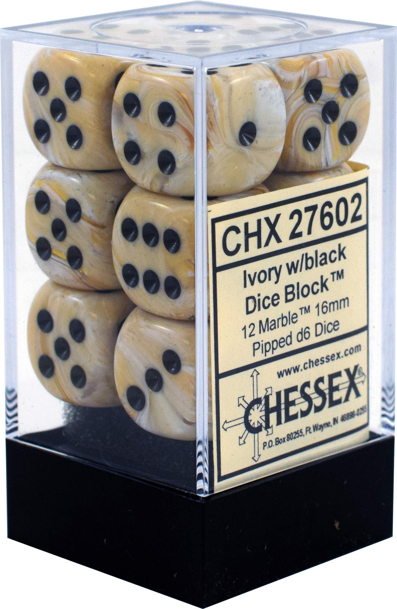 Chessex Dice d6 Sets: Marble Ivory with Black - 16mm Six Sided Die (12) Block of Dice