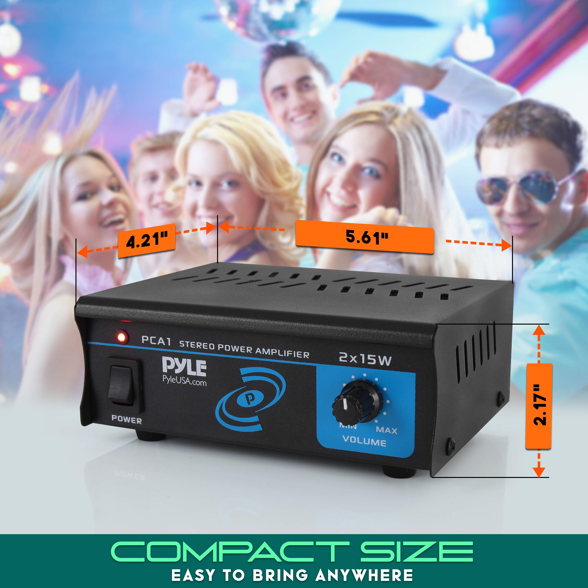 Pyle Home Compact Mini Stereo Power Amplifier-2x15 Watt Portable Dual Channel Home Audio Speaker Receiver Box w/ RCA Cable L/R Input For CD Player, Tuner, MP3, For Amplified Speakers Sound System PCA1