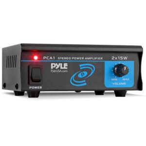 pyle home compact mini stereo power amplifier-2x15 watt portable dual channel home audio speaker receiver box w/ rca cable l/r input for cd player, tuner, mp3, for amplified speakers sound system pca1