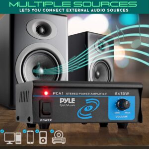 Pyle Home Compact Mini Stereo Power Amplifier-2x15 Watt Portable Dual Channel Home Audio Speaker Receiver Box w/ RCA Cable L/R Input For CD Player, Tuner, MP3, For Amplified Speakers Sound System PCA1