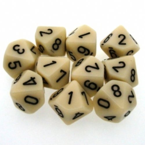 Chessex Dice Sets: Opaque Ivory with Black - Ten Sided Die d10 Set (10)