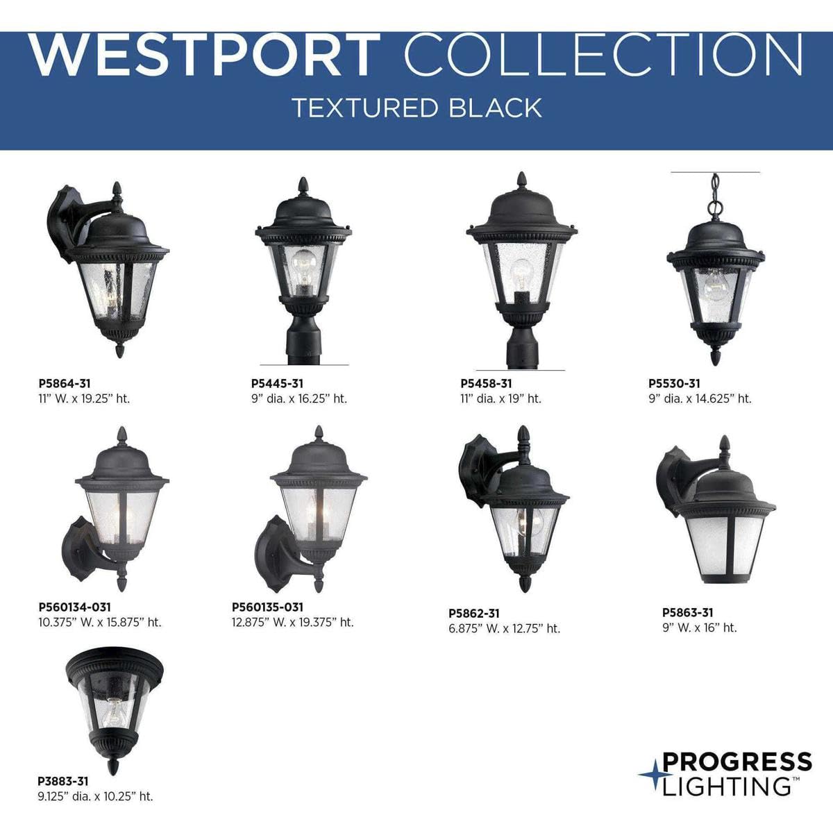 Progress Lighting P5864-31 Westport Outdoor, 11-Inch Width x 18-3/4-Inch Height, Black