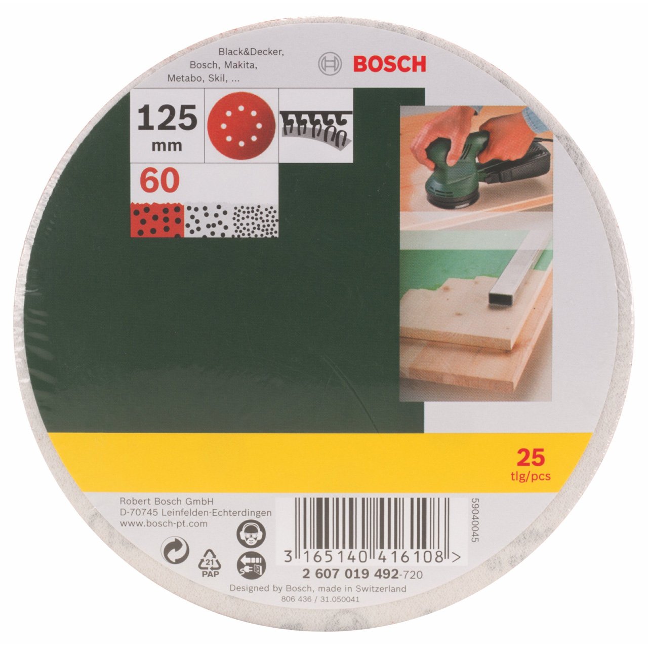 Bosch DIY Schleifblatt verschiedene Materialien für Exzenterschleifer (25 Stück, Ø 125 mm, Körnung 60)