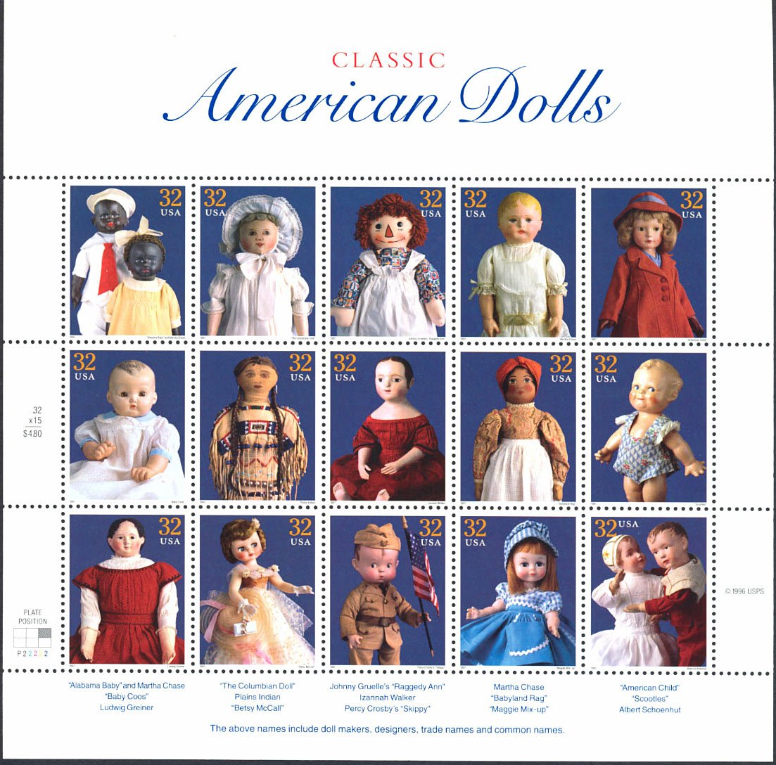 Classic American Dolls (Sheet of 15) 32 Cent US Postage Stamps 1997 Scott #3151