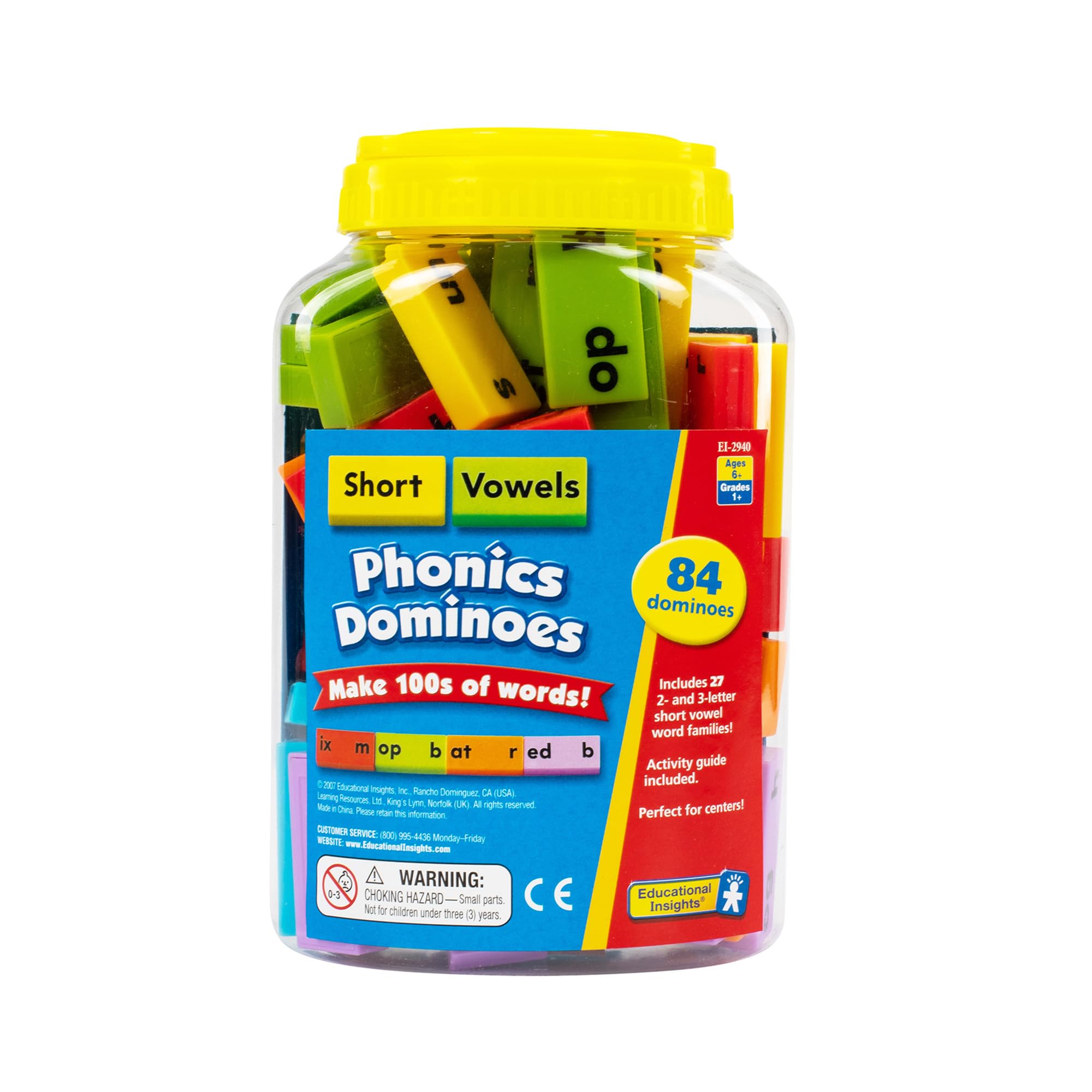 Educational Insights Phonics Dominoes – Short Vowels - Manipulative for Classroom & Home, Set of 84 Dominoes in 6 Colors, Ages 6+