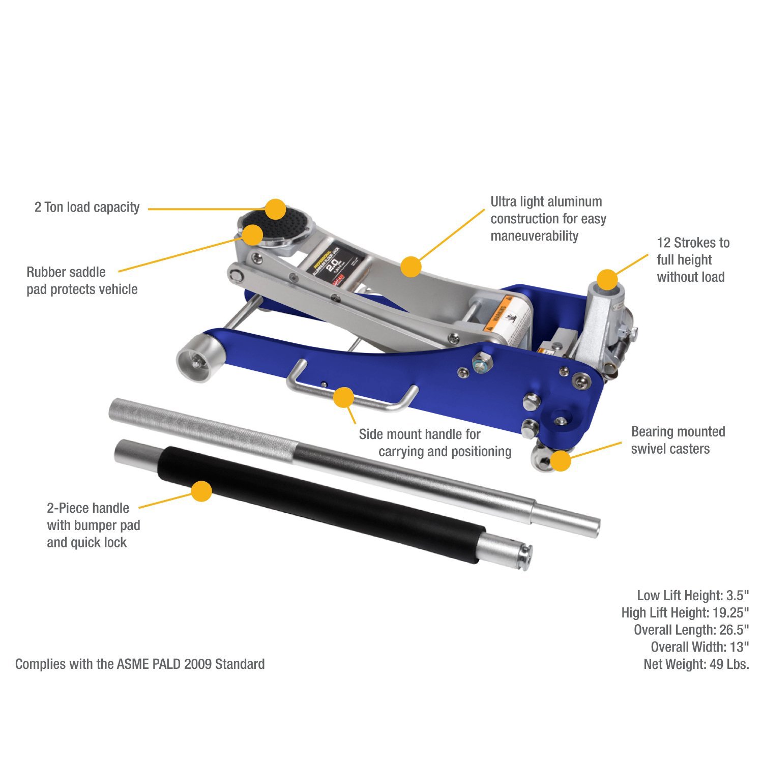 ARCAN Tools 2-Ton (4,000 lbs.) Quick Rise Aluminum Floor Jack with Dual Pump Pistons & Reinforced Lifting Arm (A20017)