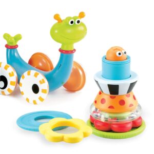 yookidoo musical crawl 'n' go snail toy with stacker - promotes baby's crawling and walking. rolls and spins its shell as it moves.