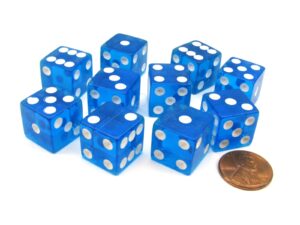 16mm d6 blue translucent square edge dice with pips