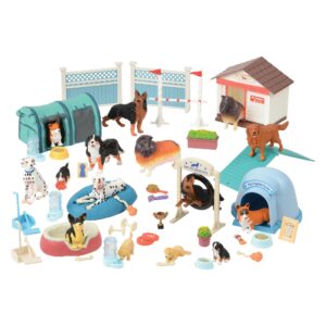 cp toys kids 51-piece dog academy playset with plastic toy dog figurines, pretend play animal toys with dogs, puppies, and accessories for kids ages 3+, multicolor