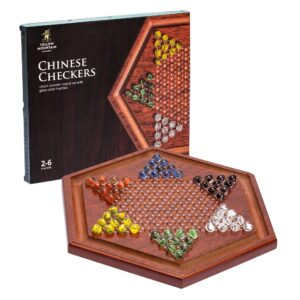 yellow mountain imports wooden chinese checkers halma board game set - 13.6-inch - with 60 colored petal-style glass marbles (16-millimeter) - classic strategy game