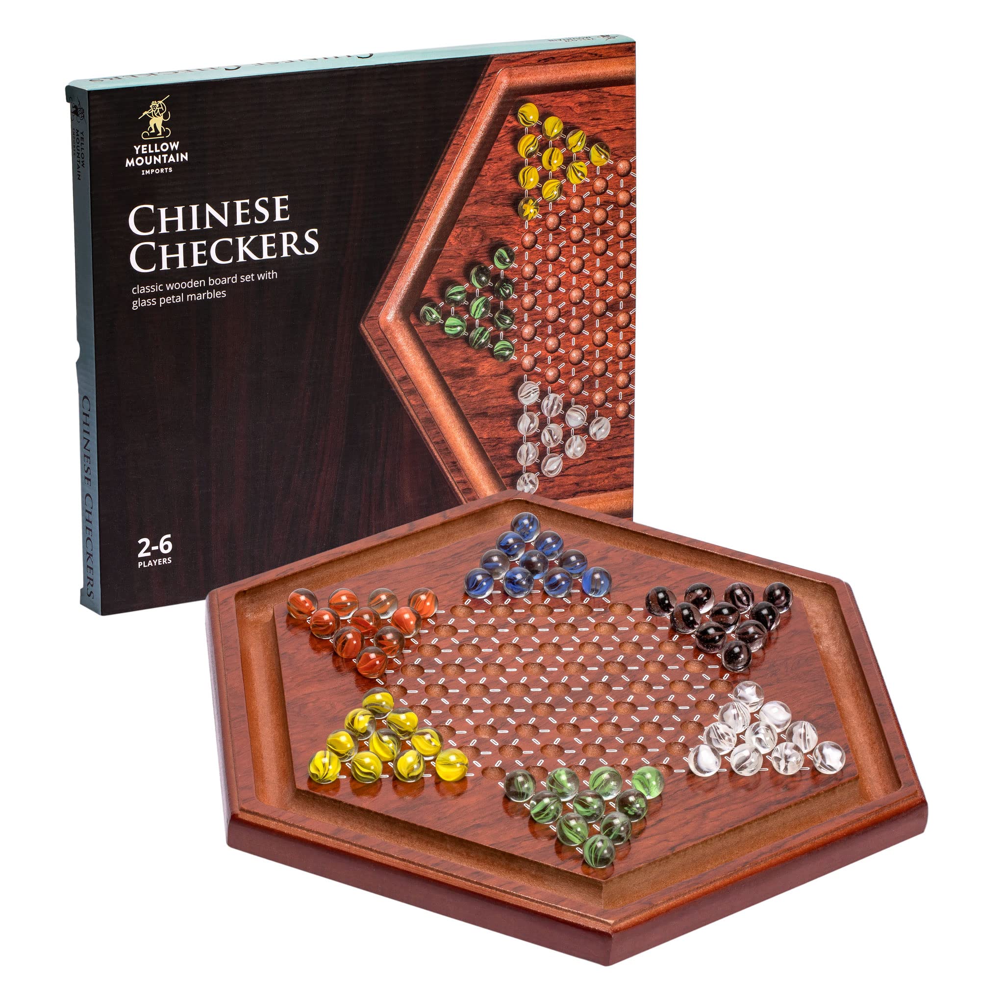 Yellow Mountain Imports Wooden Chinese Checkers Halma Board Game Set - 13.6-Inch - with 60 Colored Petal-Style Glass Marbles (16-Millimeter) - Classic Strategy Game