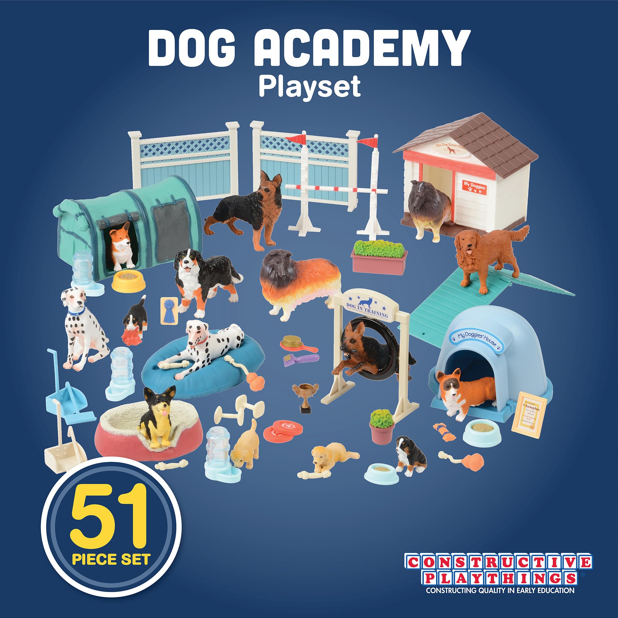 CP Toys Kids 51-Piece Dog Academy Playset with Plastic Toy Dog Figurines, Pretend Play Animal Toys with Dogs, Puppies, and Accessories for Kids Ages 3+, Multicolor